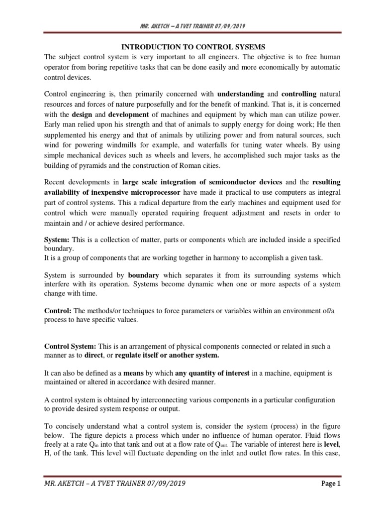 Control Systems Introduction 1 Pdf Control Theory Control System