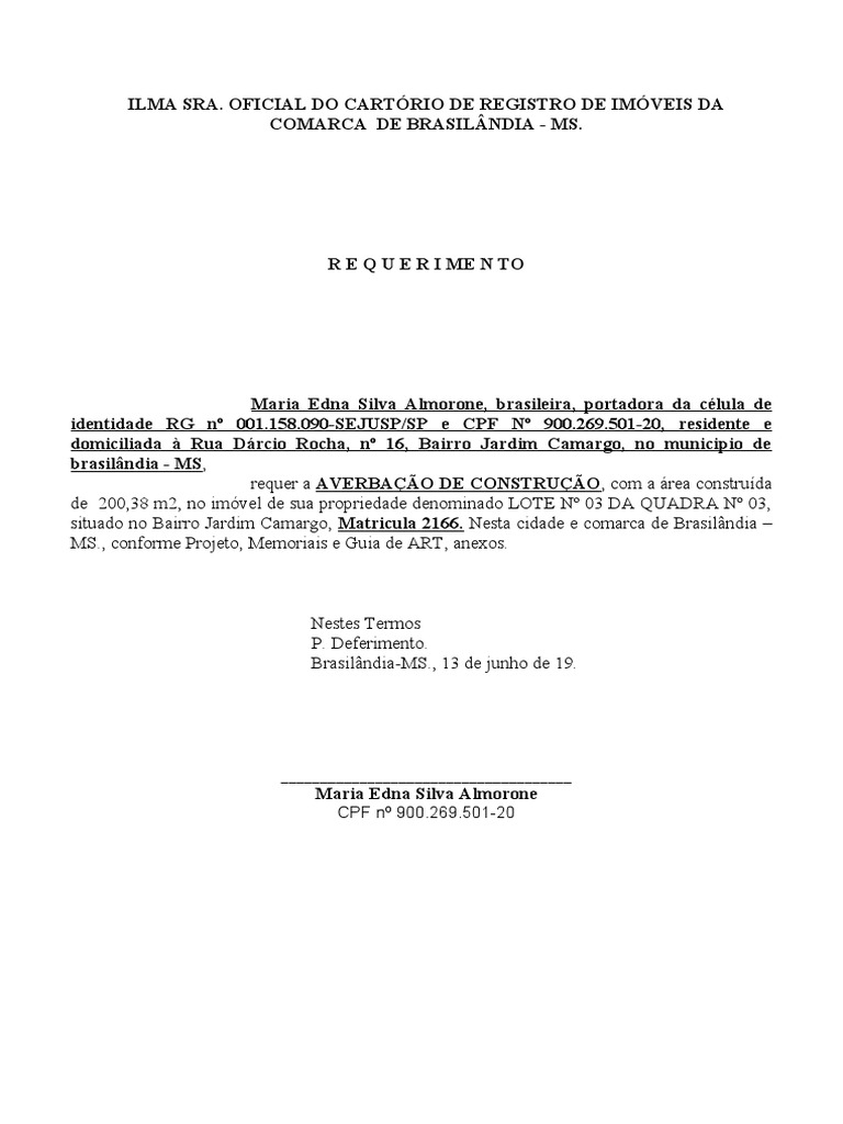 Modelo Do Requerimento de Desmembramento | PDF