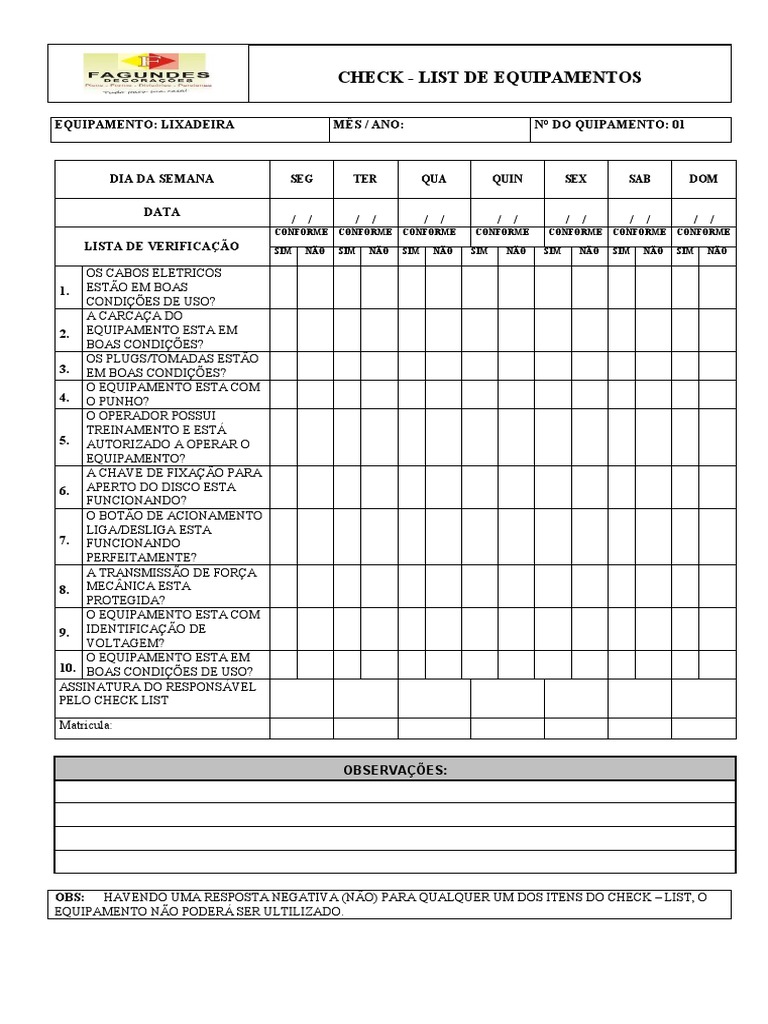Check List Lixadeira | PDF