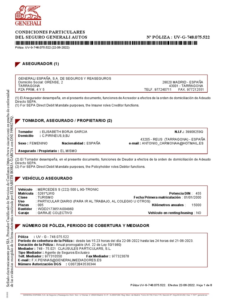Detalles de Póliza de Seguro de Auto | PDF | Seguro | Reaseguro