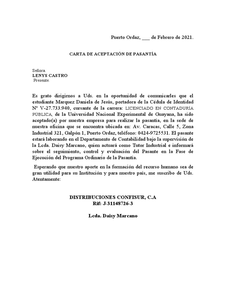 Carta de Aceptación Del Pasante. | PDF