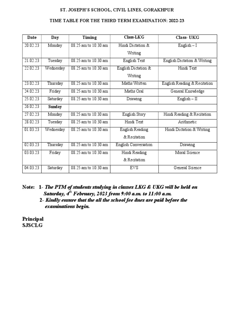 St. Joseph'S School, Civil Lines, Gorakhpur Time Table For The Third ...