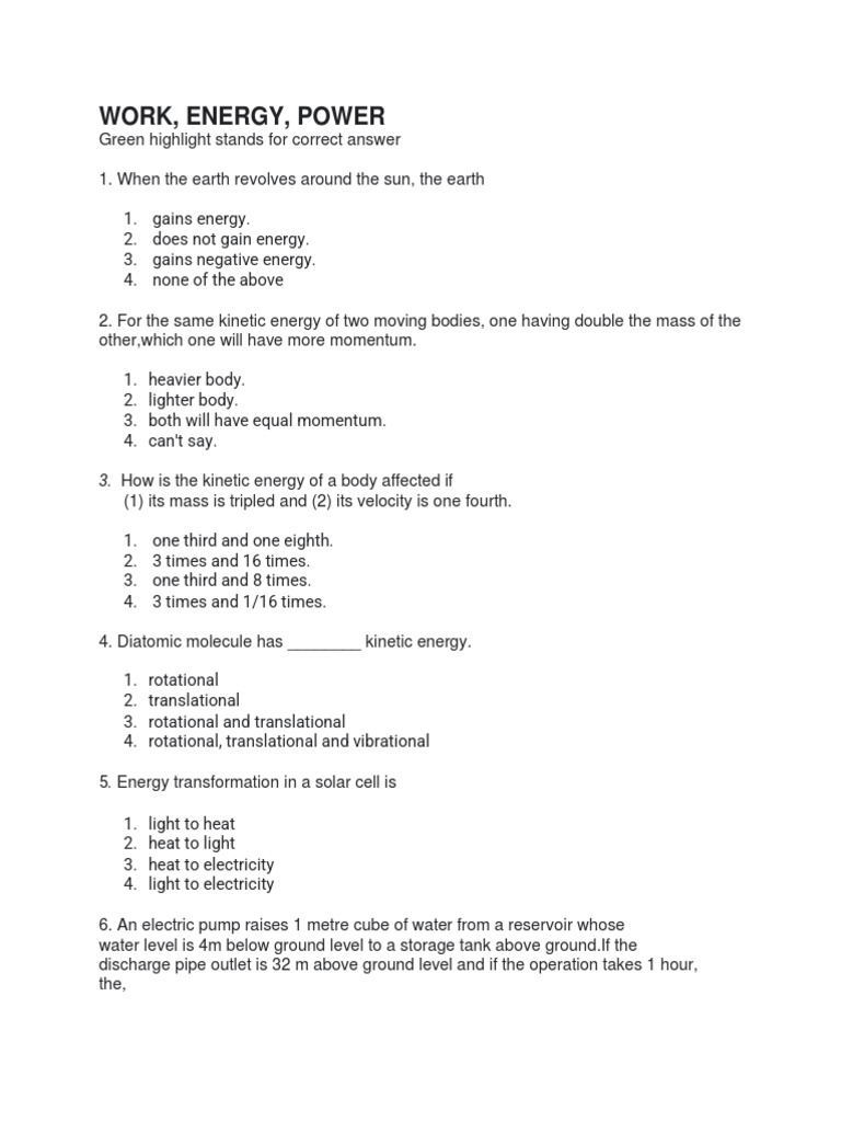 WORK ENERGY POWER MCQs | PDF | Kinetic Energy | Pump