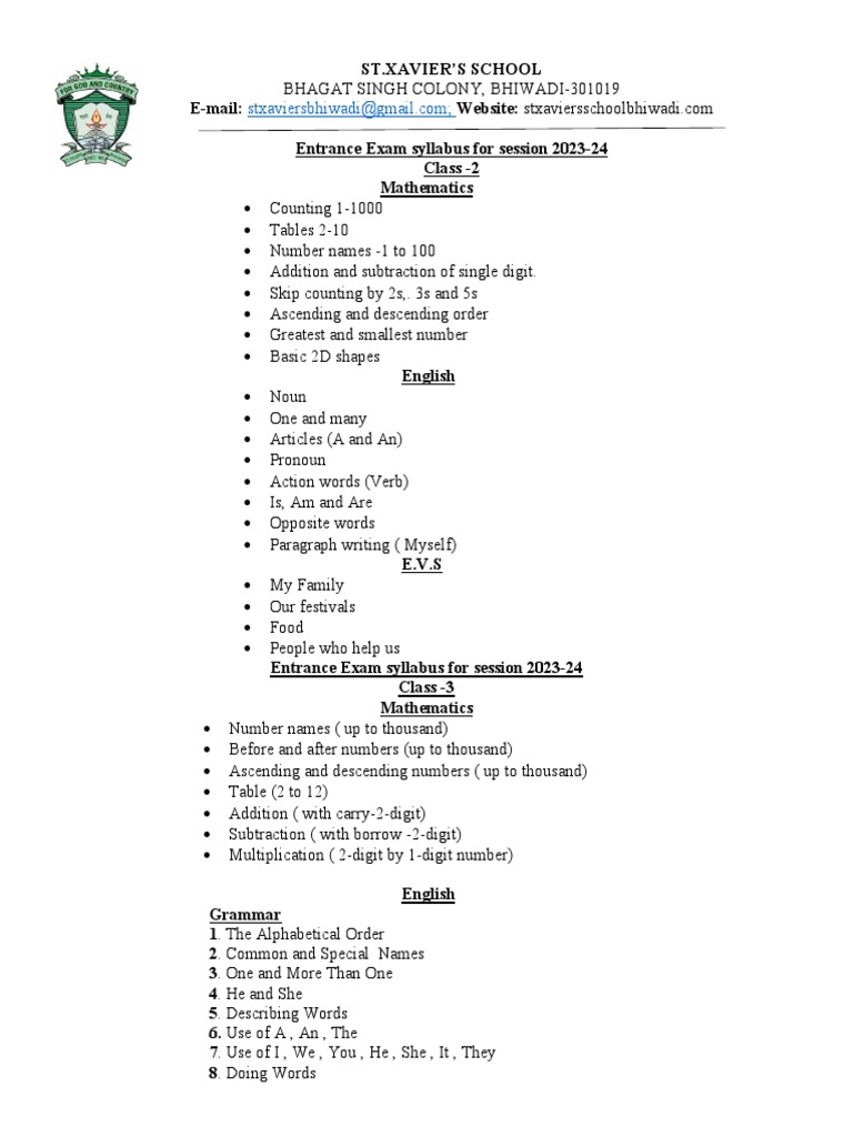 Entrance Exam Syllabus | PDF | Noun | Grammatical Number
