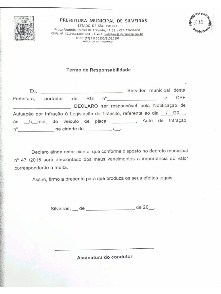Termo de Responsabilidade (PDF) - Multas de Trânsito | PDF