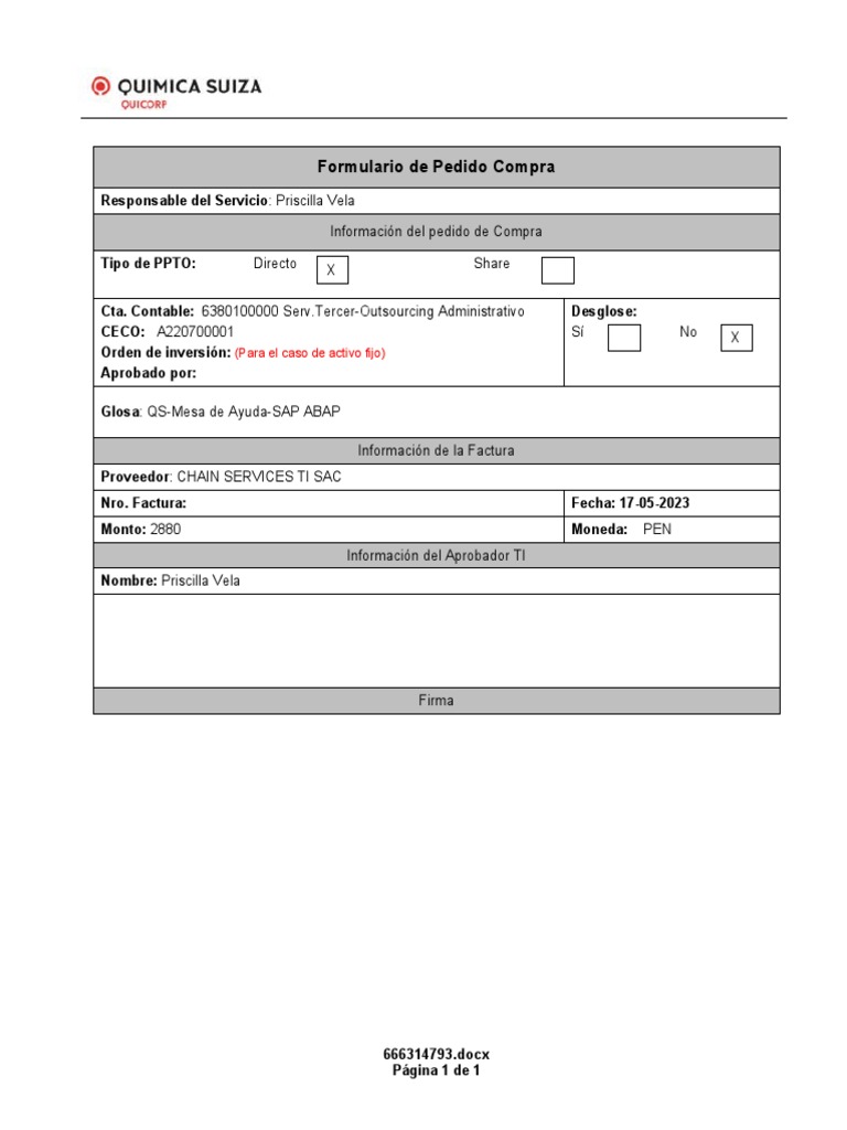QS - OC - 2023-001 - Formulario Pedido Compra - CONSULTOR SAP ABAP | PDF