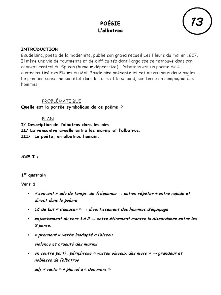 Analyse du poème "L'Albatros" de Baudelaire | PDF | Les Fleurs du mal ...