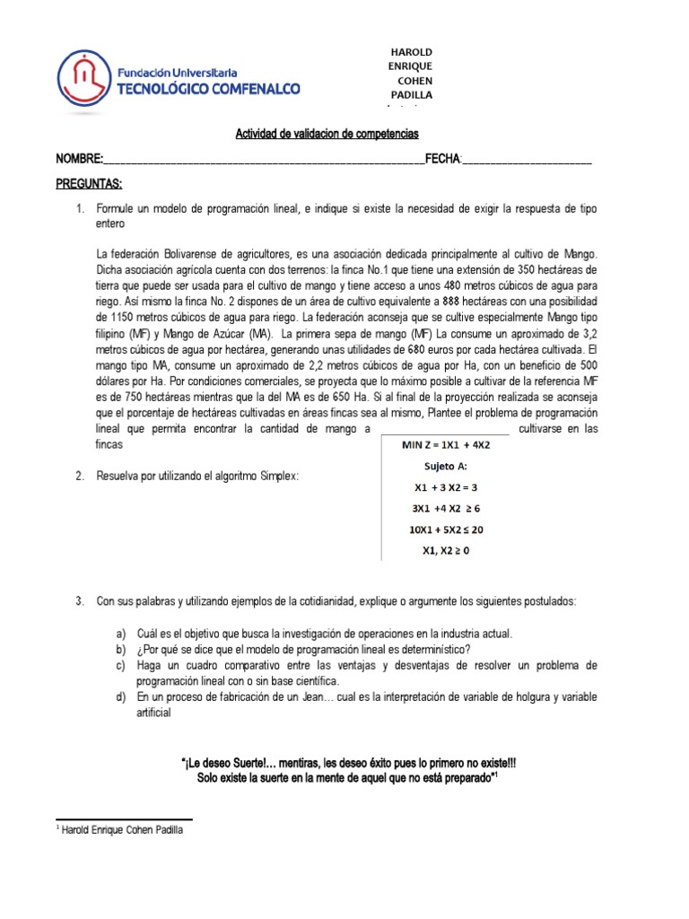 Taller Simplex | PDF | Programación lineal | Agua