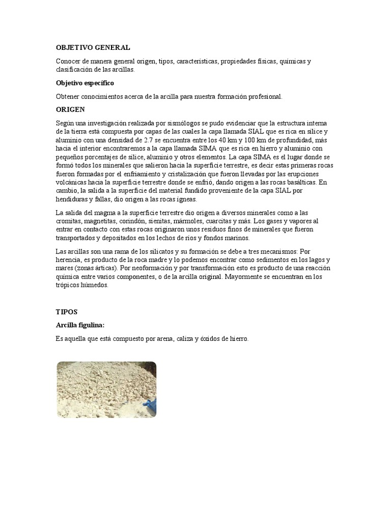 Objetivos. Origen y Tipos de La Arcilla | PDF | Roca (geología) | Arcilla