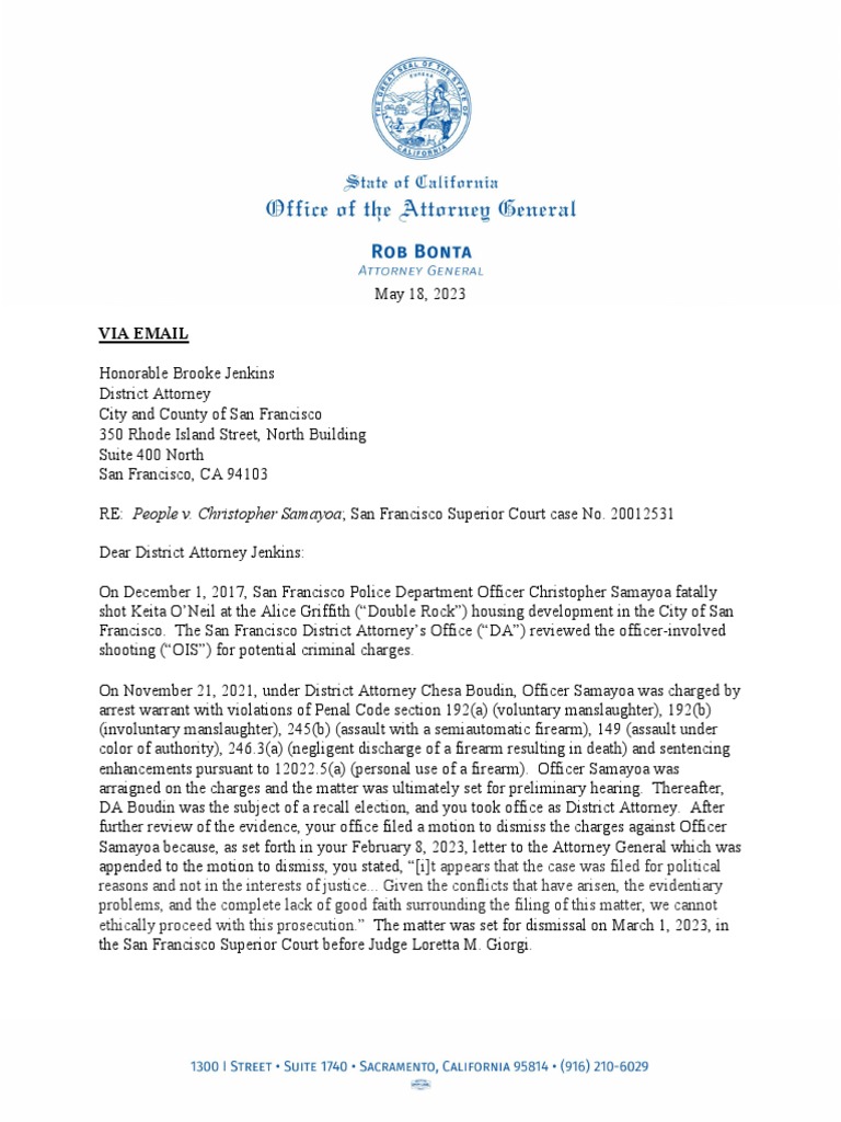 CA DOJ Letter To SFDA People v. Christopher Samayoa | PDF | Burden Of ...
