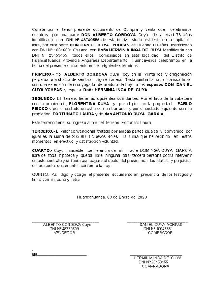 Conste por el tenor presente documento de Compra y venta que celebramos ...
