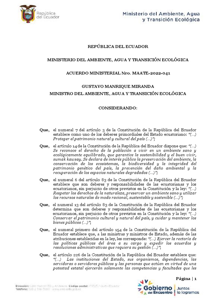 Acuerdo Ministerial Nro. MAATE 2022 041 | PDF | Sustentabilidad | Entorno natural