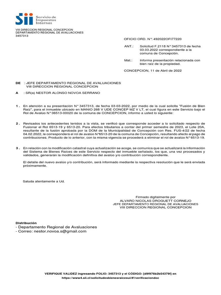 Certificado SII Aprobación Asignación de Rol - Lote Fusionado | PDF | Finanzas y dinero