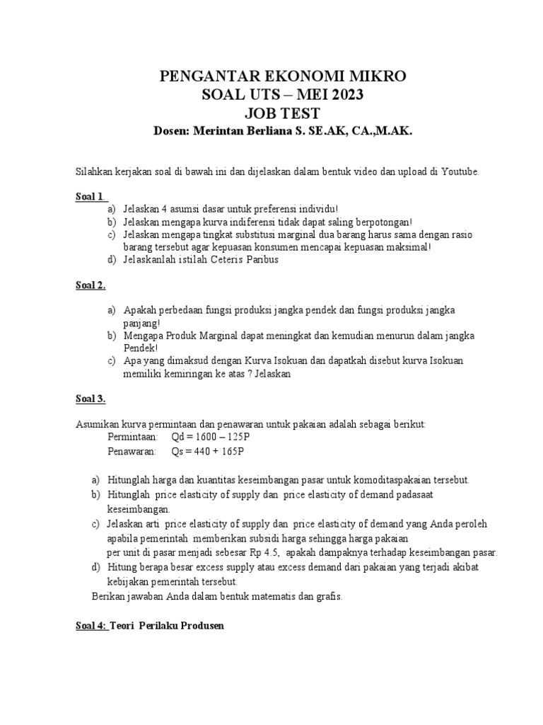 Soal Uts - Pengantar Ekonomi Mikro - Mei 2023 | PDF | Teknologi & Rekayasa