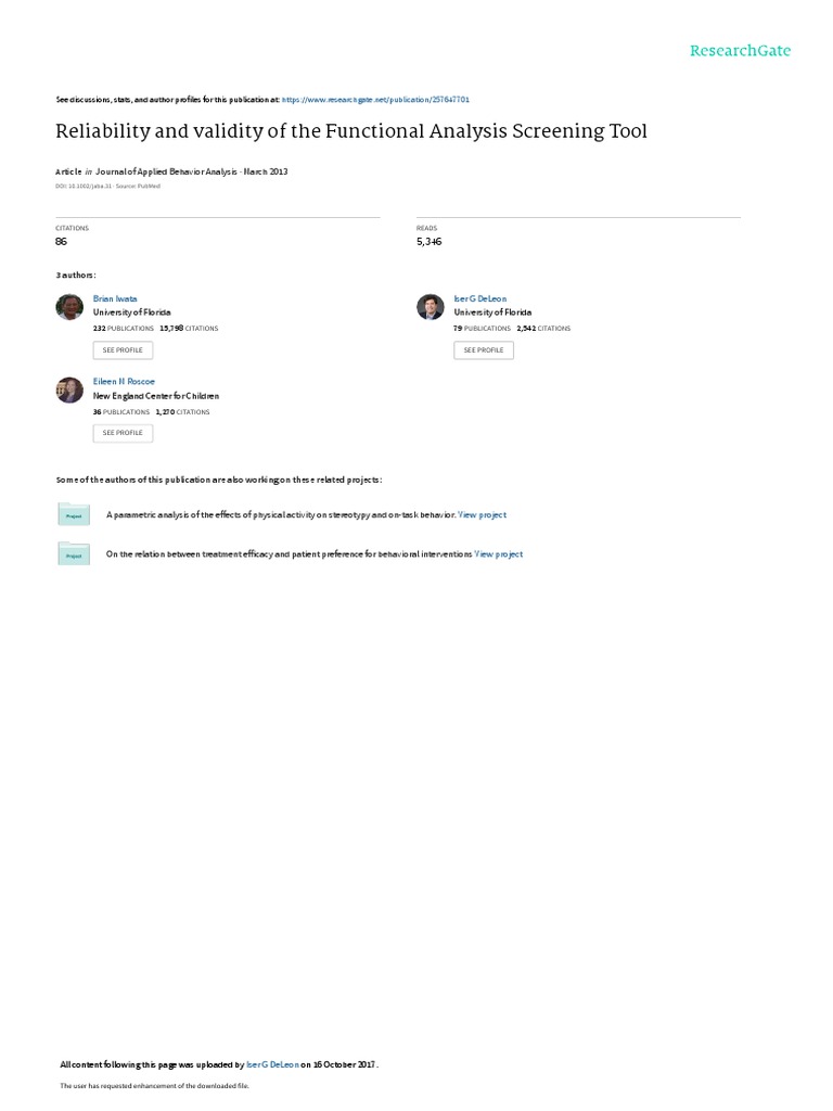 Reliability and Validity of The Functional Analysis Screening Tool ...