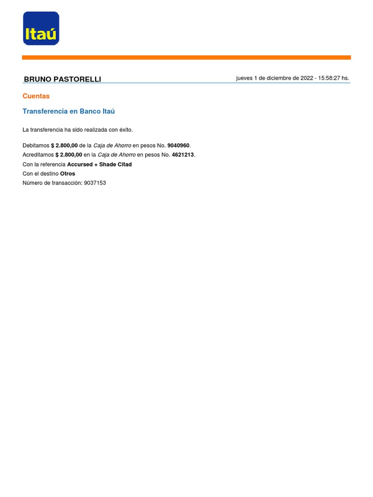 Comprobante Transferencia Itau | PDF