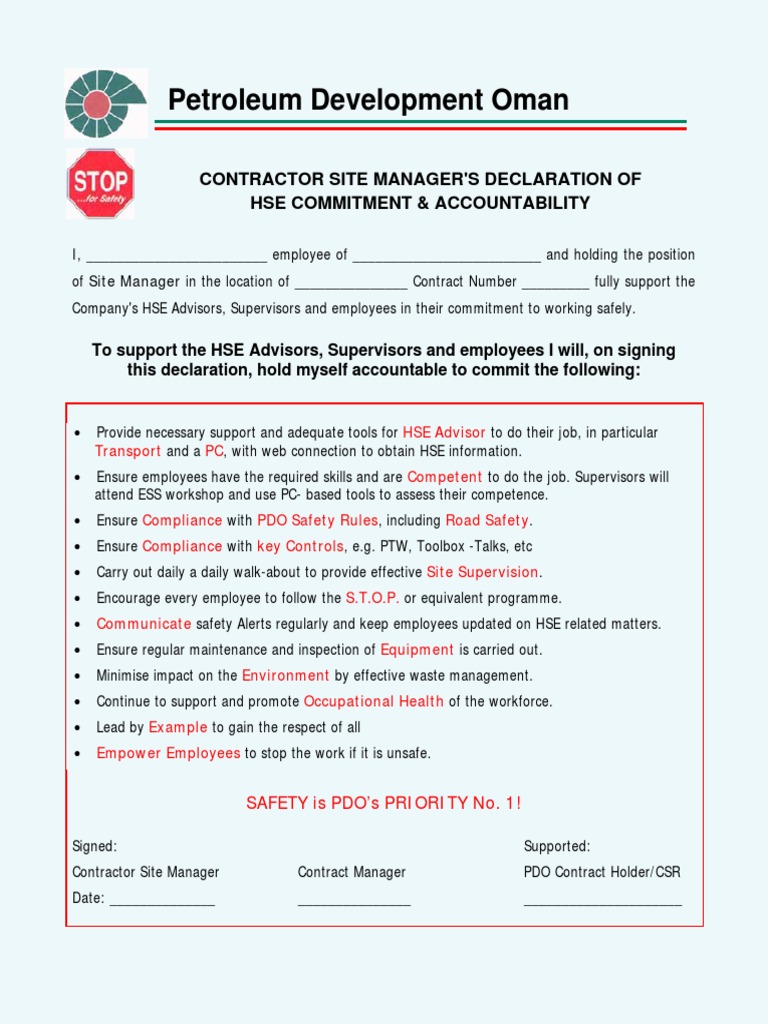 Contractor Site Manager's Declaration of Hse Commitment ...