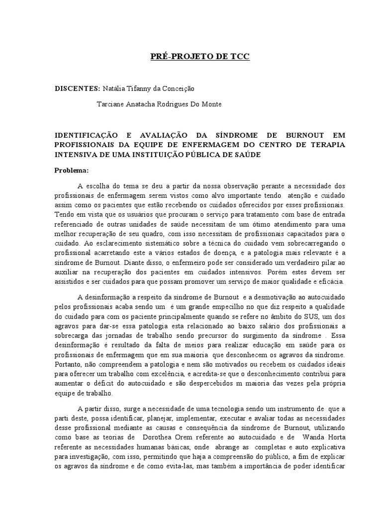 Pré-Projeto de TCC 2019 | PDF | Enfermagem | Unidade de Tratamento ...