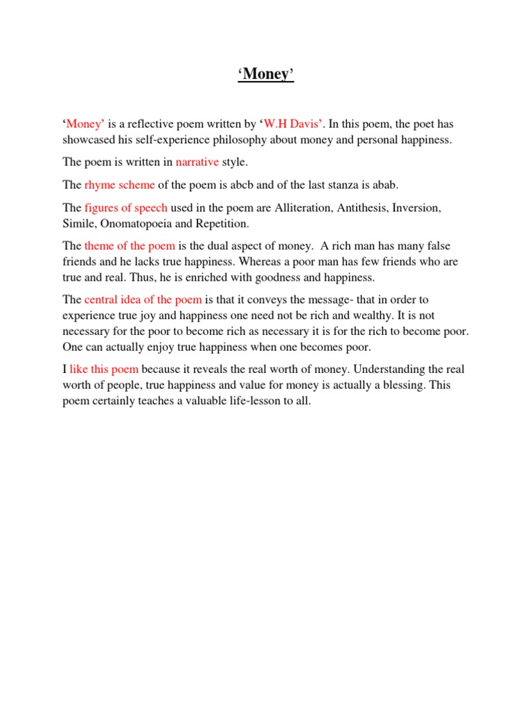 Appreciation of W.H. Davis' "Money" | PDF | Art | General Fiction