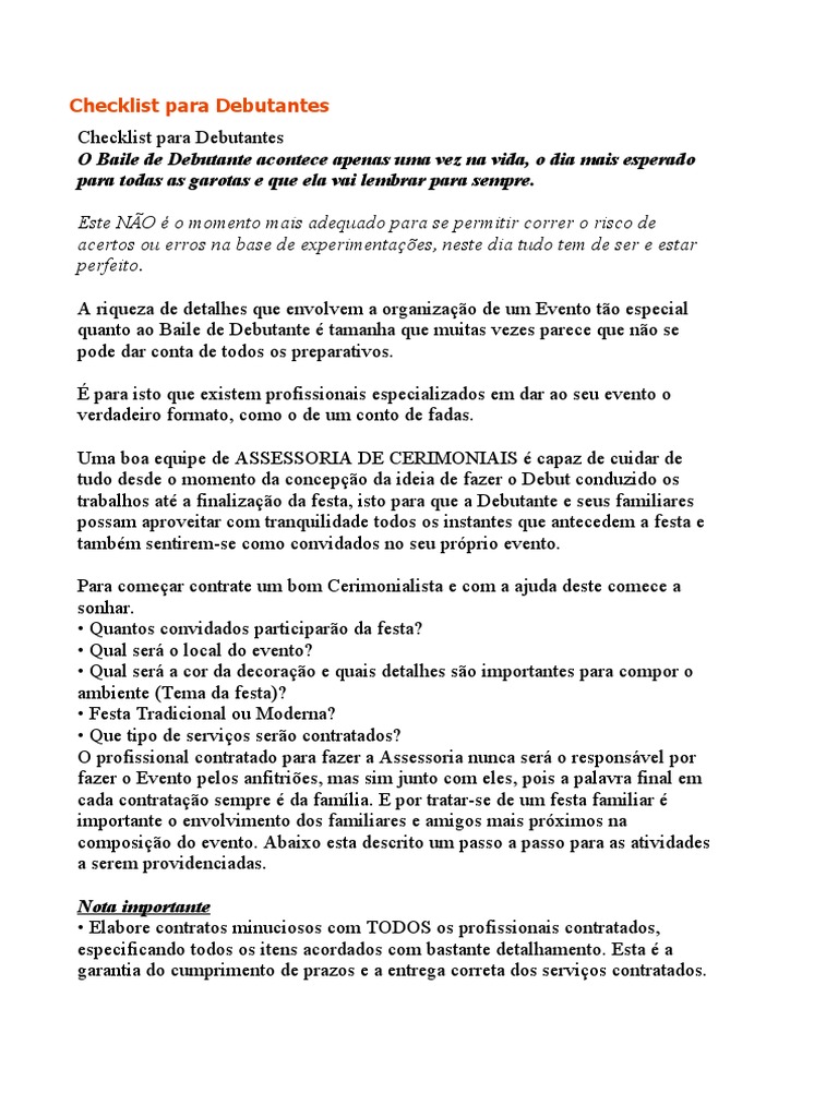 Checklist completo para organizar um baile de debutante | PDF | Etiqueta