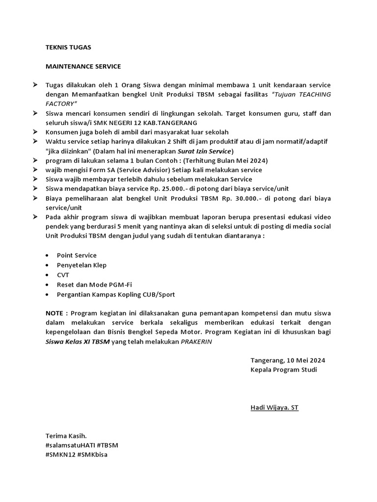 Teknis Tugas Maintenance Service TBSM 2024 N12 | PDF