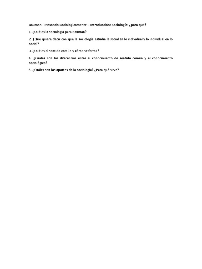 Bauman Guía de Preguntas Pensando Sociologicamente | PDF
