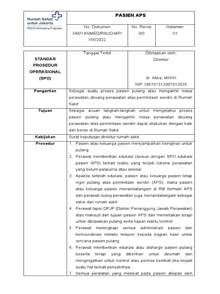 Prosedur Pulang Pasien APS Rumah Sakit | PDF