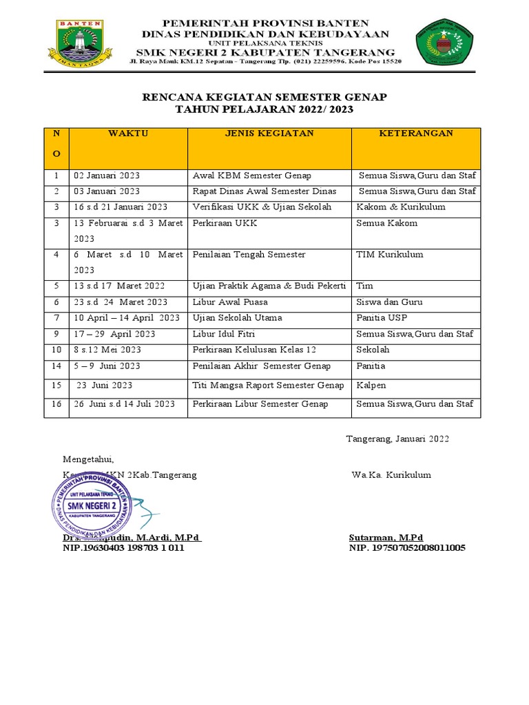 Rencana Kegiatan Semester Genap 2023 | PDF