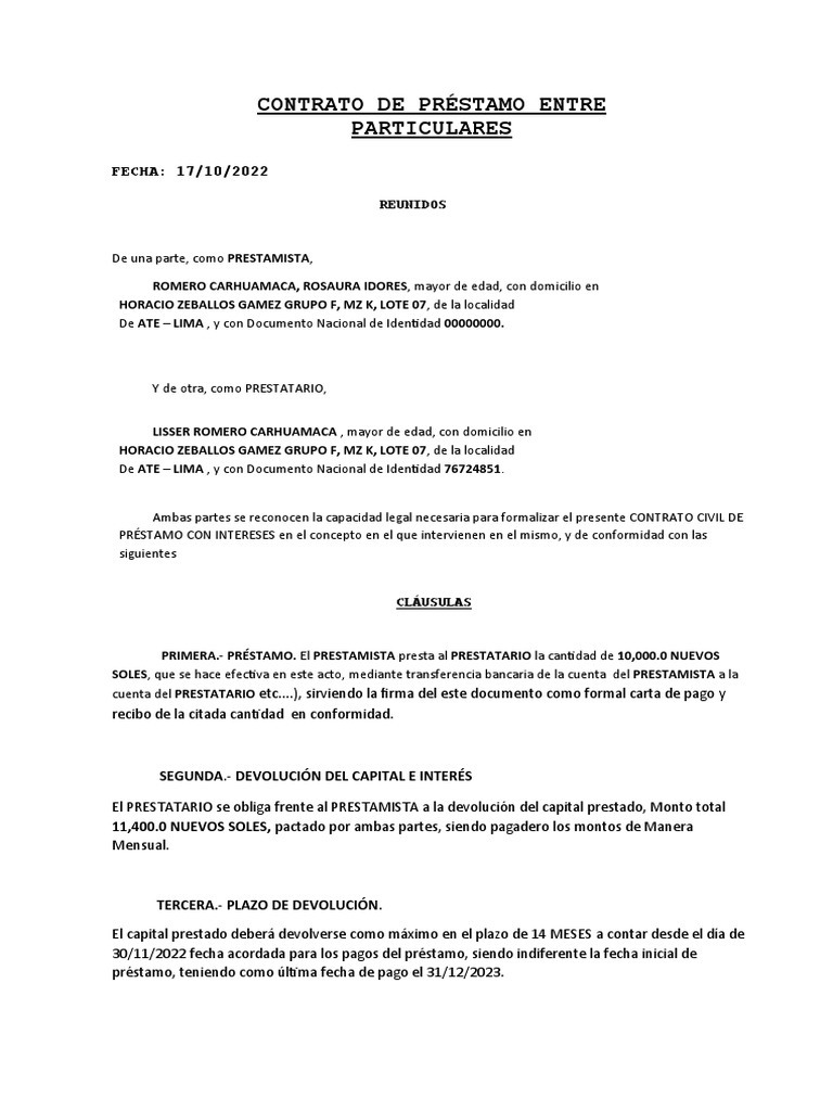 Contrato de Préstamo Entre Particulares | PDF | Dinero | Derecho privado