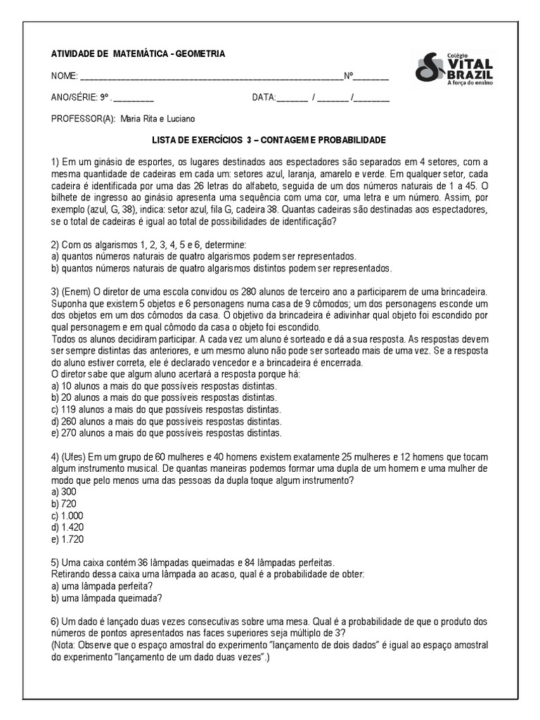 Lista de Exercicios 3 - Contagem e Probabilidade | PDF | Probabilidade