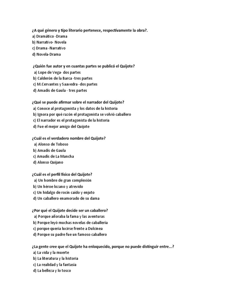 Preguntas para Prueba Del Quijote | PDF | Don Quijote