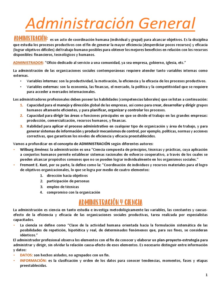 Resumen Administración General - Parte 1 | PDF | Planificación ...