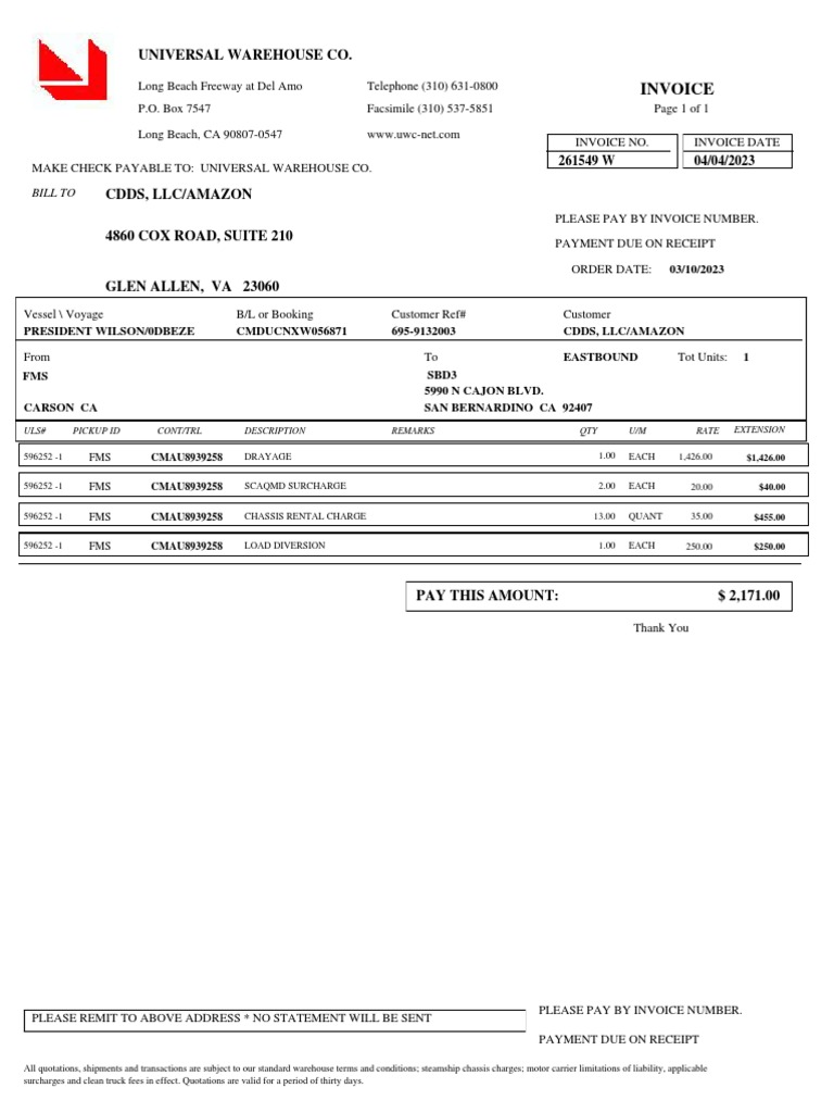 Invoice for Universal Warehouse Services | PDF | Receipt | Fee