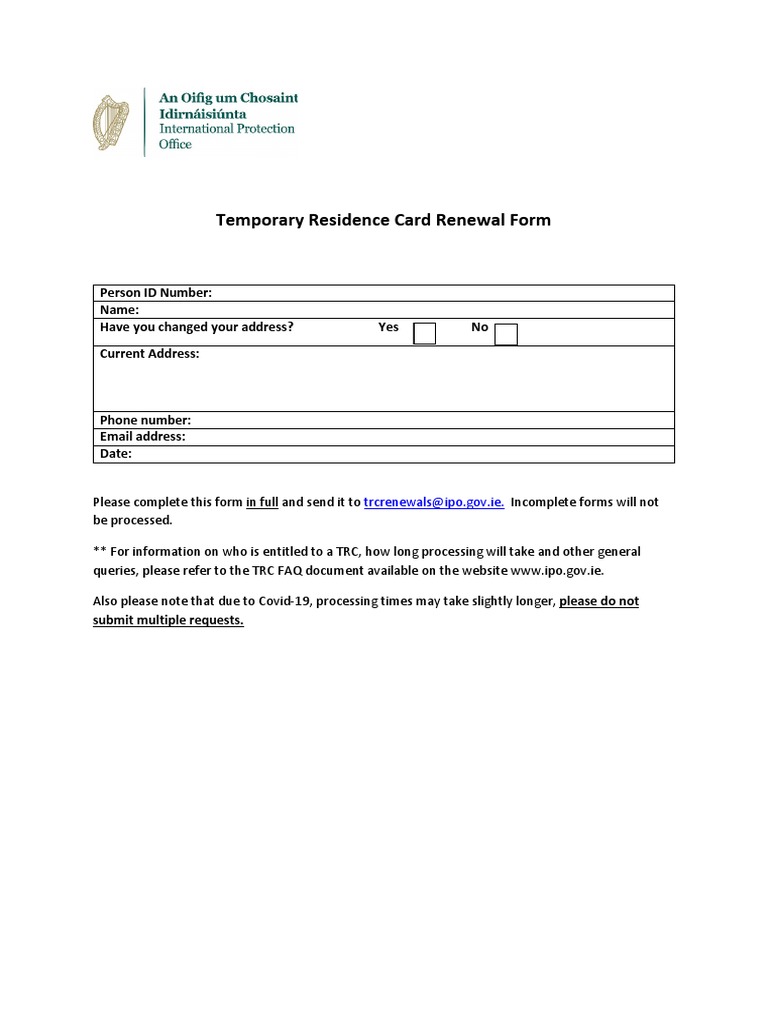 Temporary Residence Card Renewal Form 2.0 | PDF