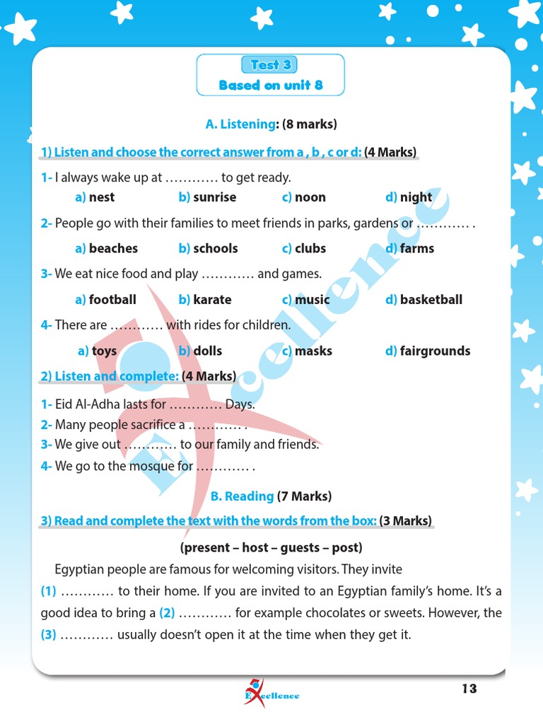 (8 Marks) (4 Marks) Nest Sunrise Noon Night: Test 3 3 Based On Unit 8 ...