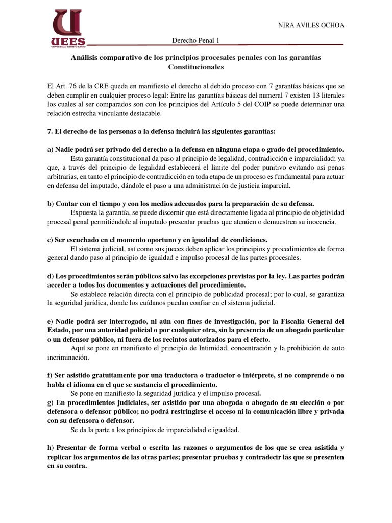 Análisis comparativo Principios procesales penales artículo 5 del COIP con lo dispuesto en el ...