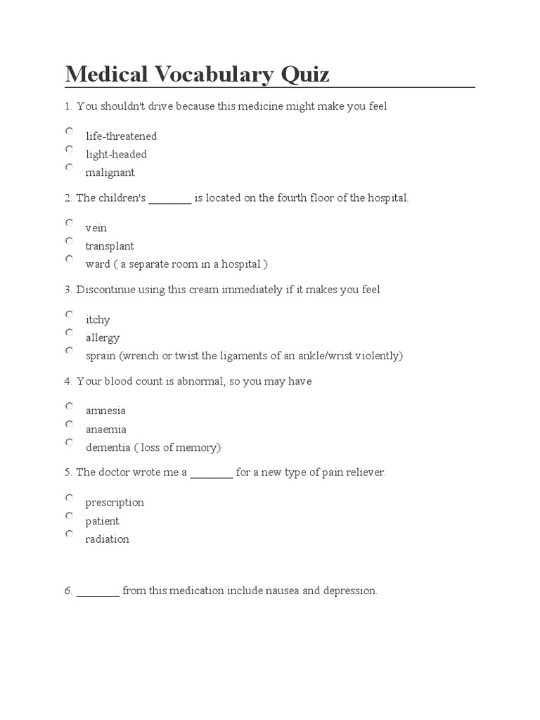 Medical Vocabulary Quiz 29.03.2023 | PDF