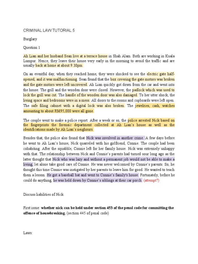 Criminal Law Tutorial 5 | PDF | Burglary | Mens Rea