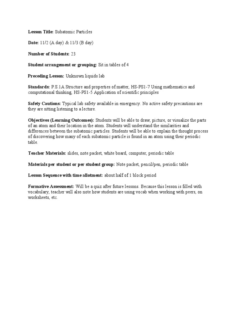 Subatomic Particles Lesson Plan | PDF