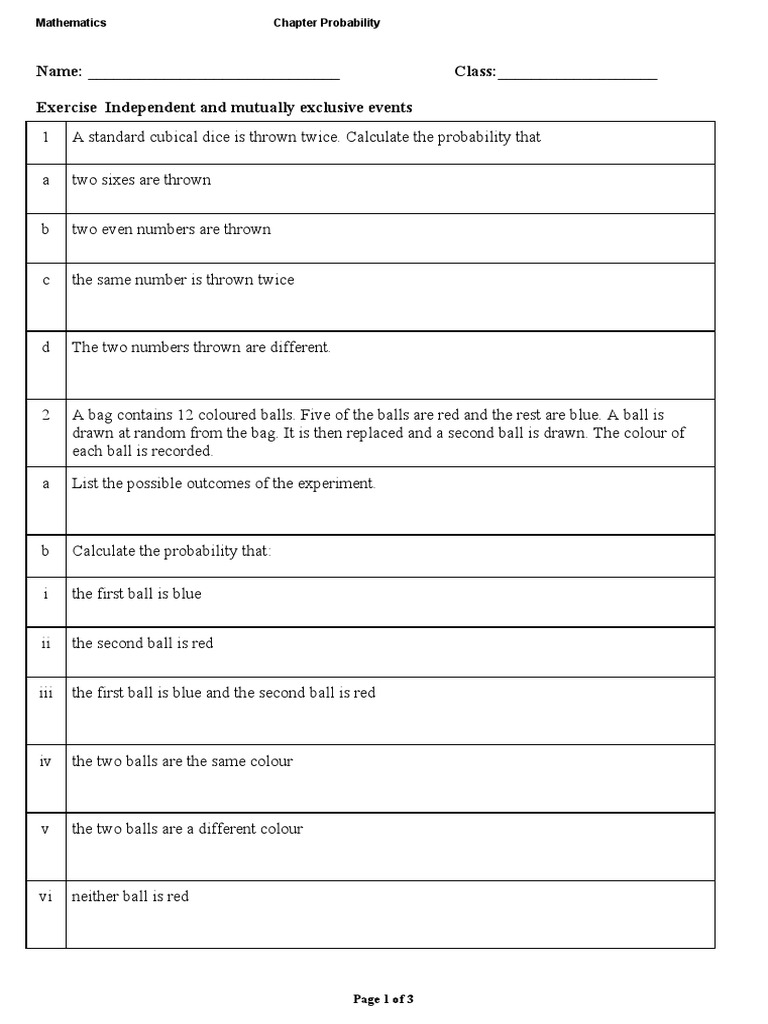 Independent and Mutually Exclusive Events Worksheet | PDF | Teaching ...