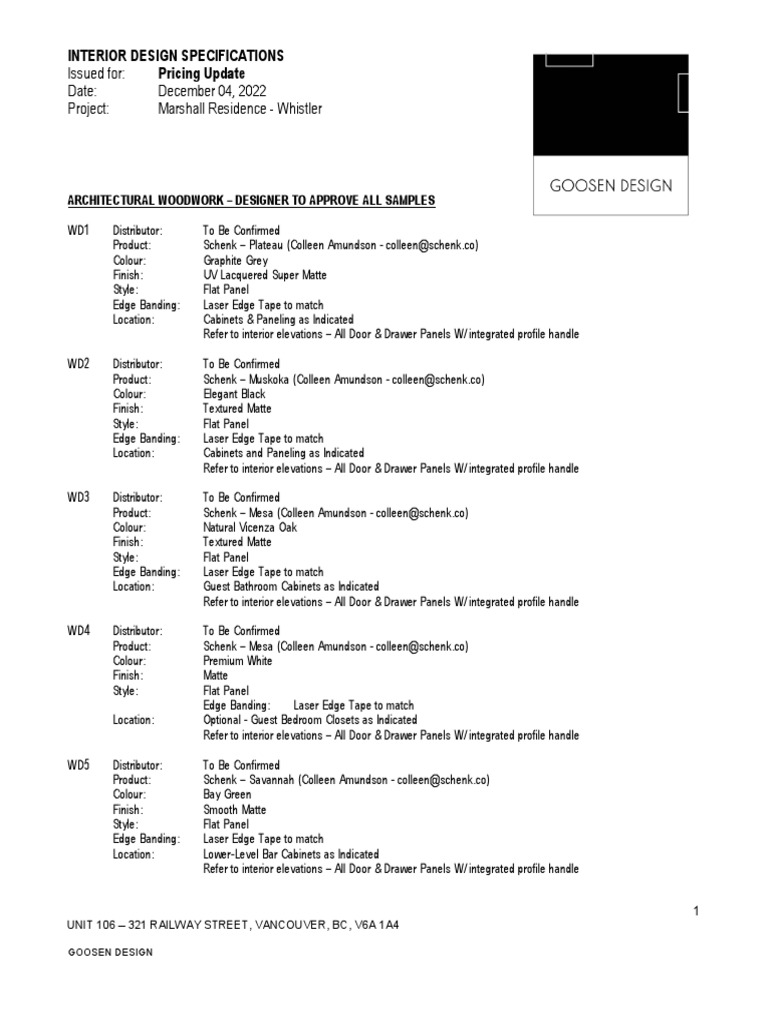 3 - 2022.12.04 - Marshall Residence - GD Interior Specifications - Issued For Pricing Update ...