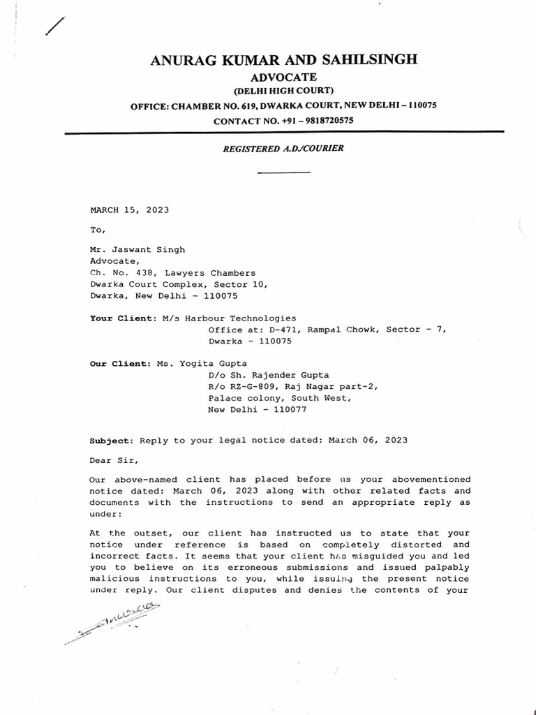 Reply to Legal Notice: Denying Allegations and Threatening Legal Action ...