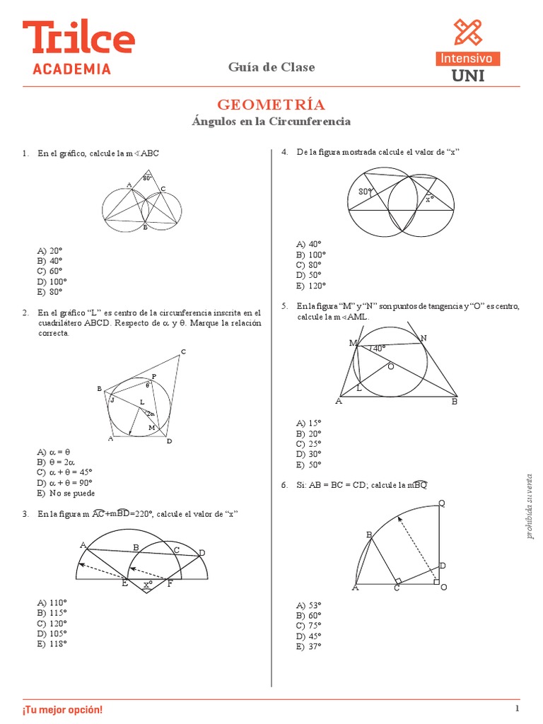 Ángulos en La Circunferencia Sem 5 Ejercicios | PDF | Geometría Elemental | Matemática Elemental