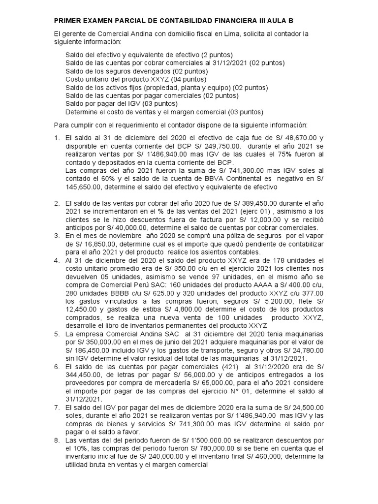 Primer Examen Parcial de Contabilidad Financiera III 2021 I | PDF | Contabilidad | Contabilidad ...