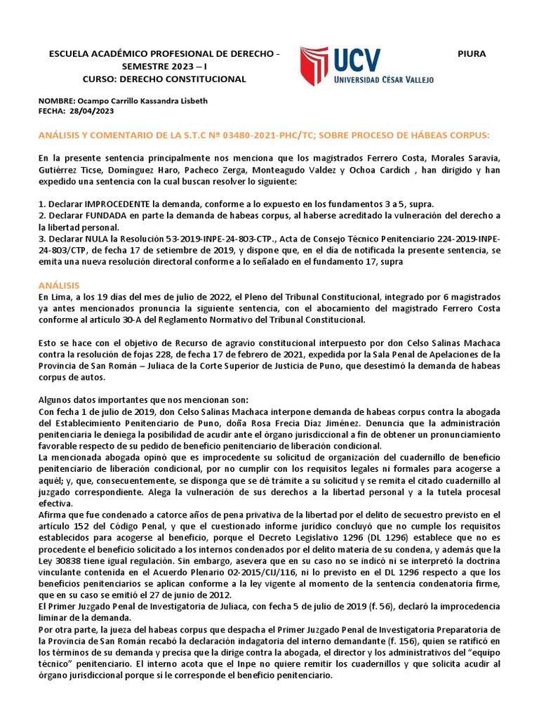 Control de Lectura Semana 4 | PDF | Habeas corpus | Derecho penal Control de Lectura Semana 4 | PDF | Habeas corpus | Derecho penal
