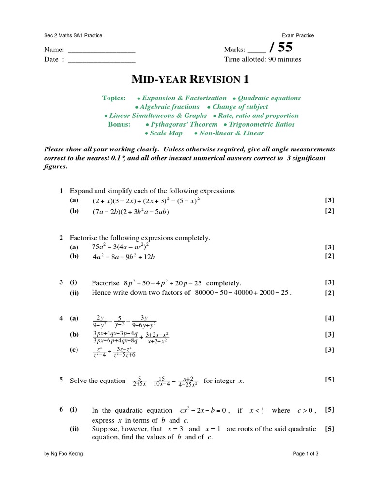 EXM Sec2 Maths SA1 Practice 1 (Q) | PDF | Factorization | Quadratic Equation