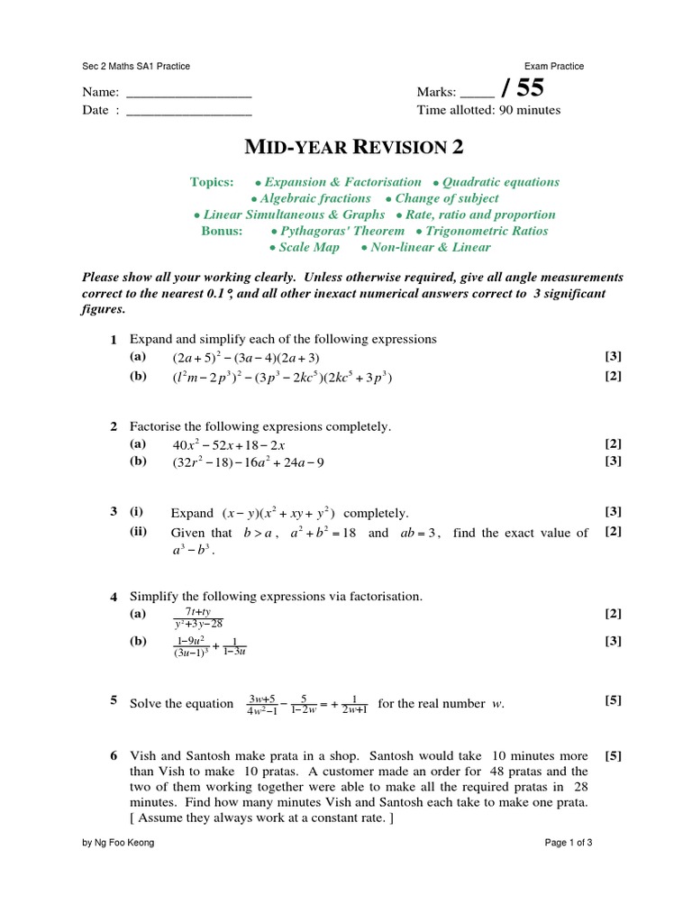 EXM Sec2 Maths SA1 Practice 2 (Q) | PDF