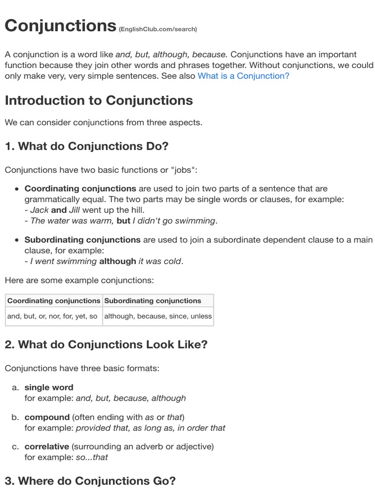 Introduction to Conjunctions (EnglishClub.com/search | PDF | Linguistic ...