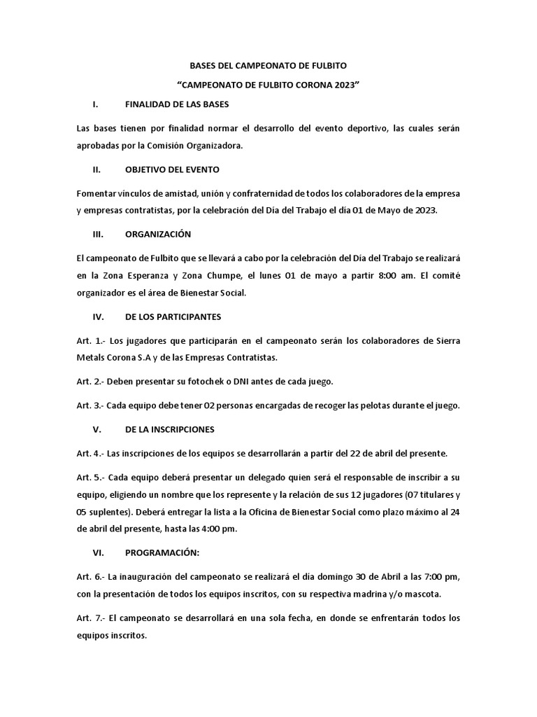 Bases Campeonato Fulbito 2023 | PDF | Árbitro | Deportes