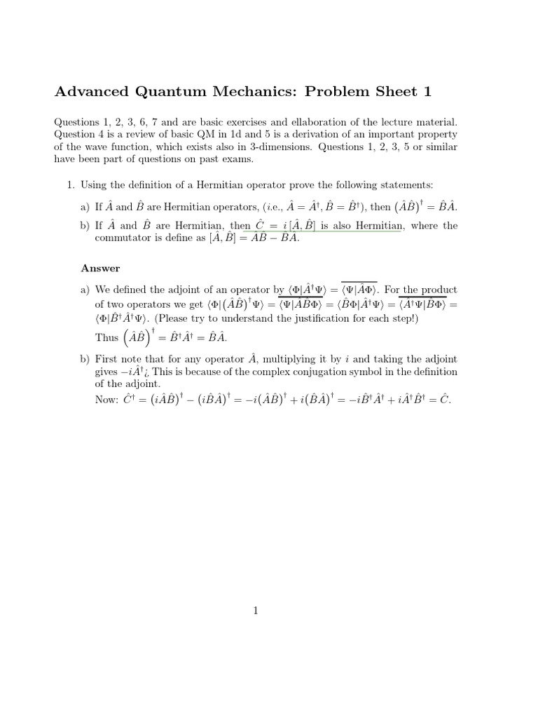 Advanced Quantum Mechanics: Problem Sheet 1 | PDF | Wave Function | Mathematical Analysis